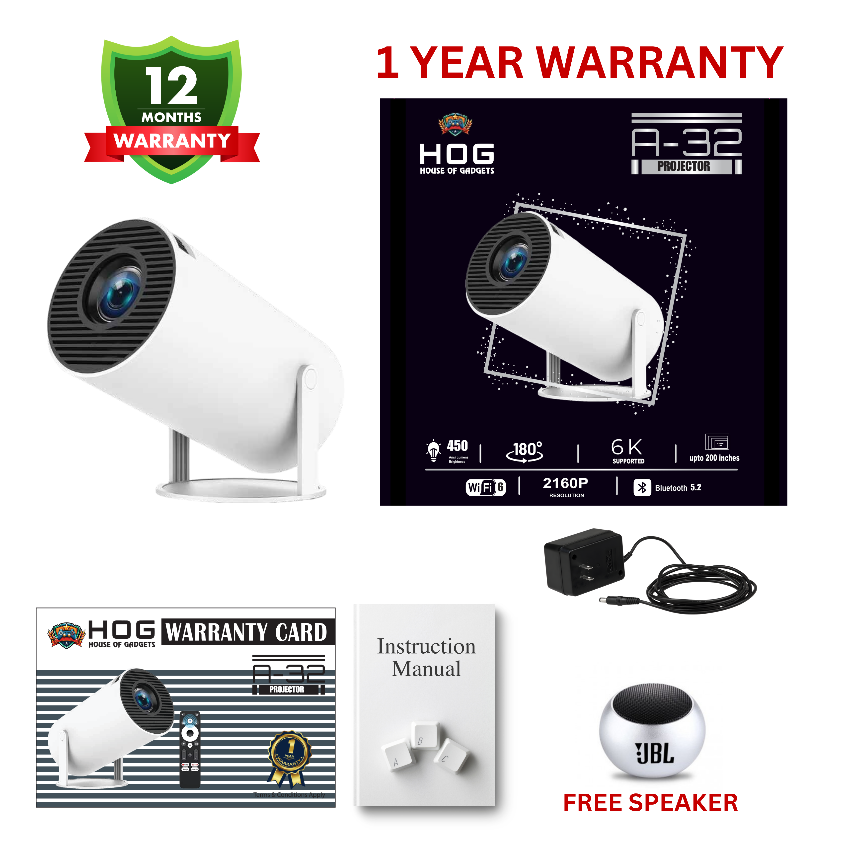 HOG™ A32 Android Projector Support 6K Smart Home Cinema Portable Proje ...